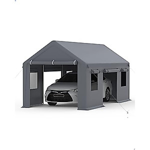 GAOMON 13' X 20' Heavy Duty Carport, Portable Garage with Front & Rear Doors,4 Windows, Reinforced Steel Poles & 180 g PE Waterproof Canopy, for Pickup Truck, and Boat, Silver Gray