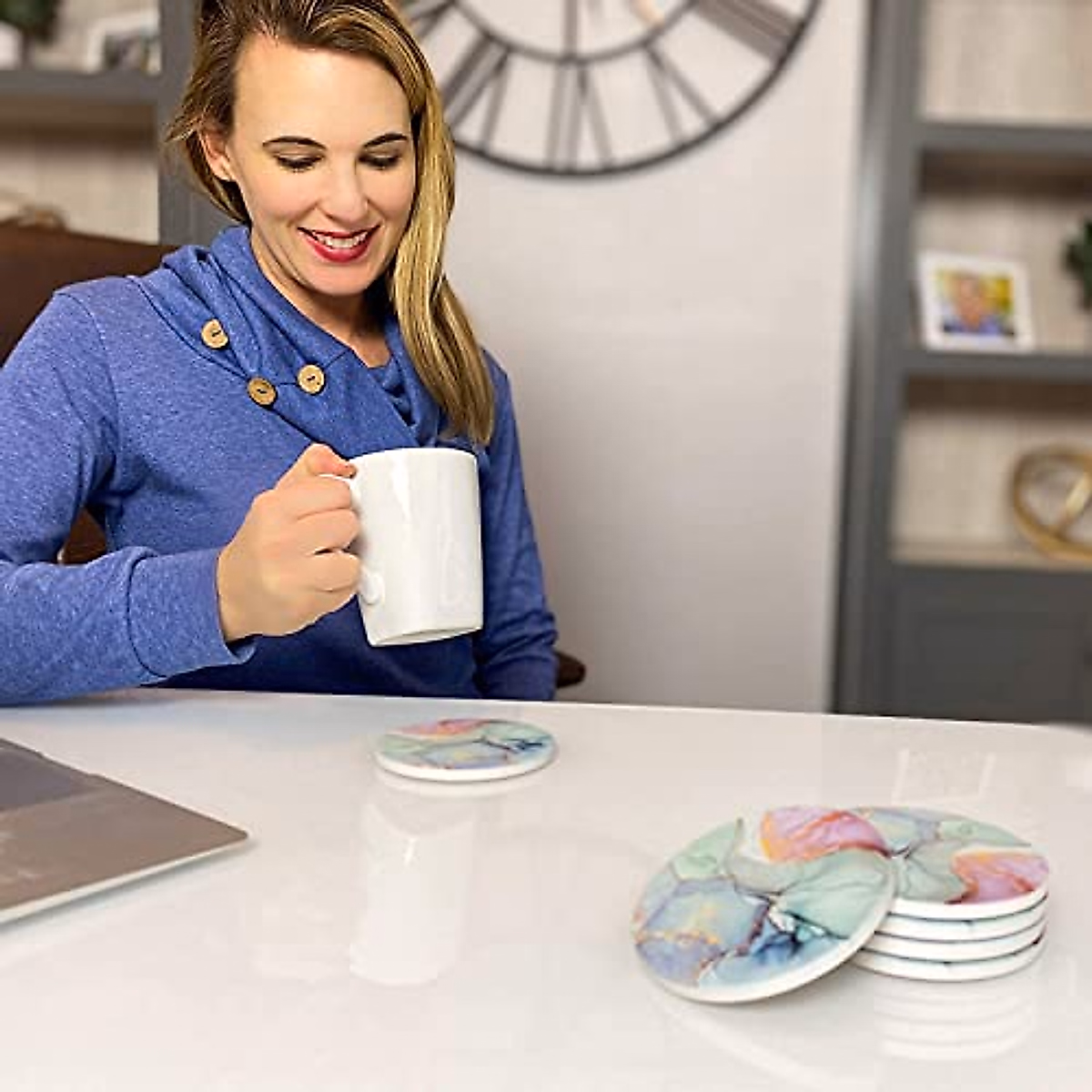 HSEHLD Marble Coasters for Drinks, Geode Coasters, Agate Coaster Large Absorbent, Water Absorbing Coasters for Glass Table Top - Large 4 inch Size, Set of 6 (Mint Green Marble)