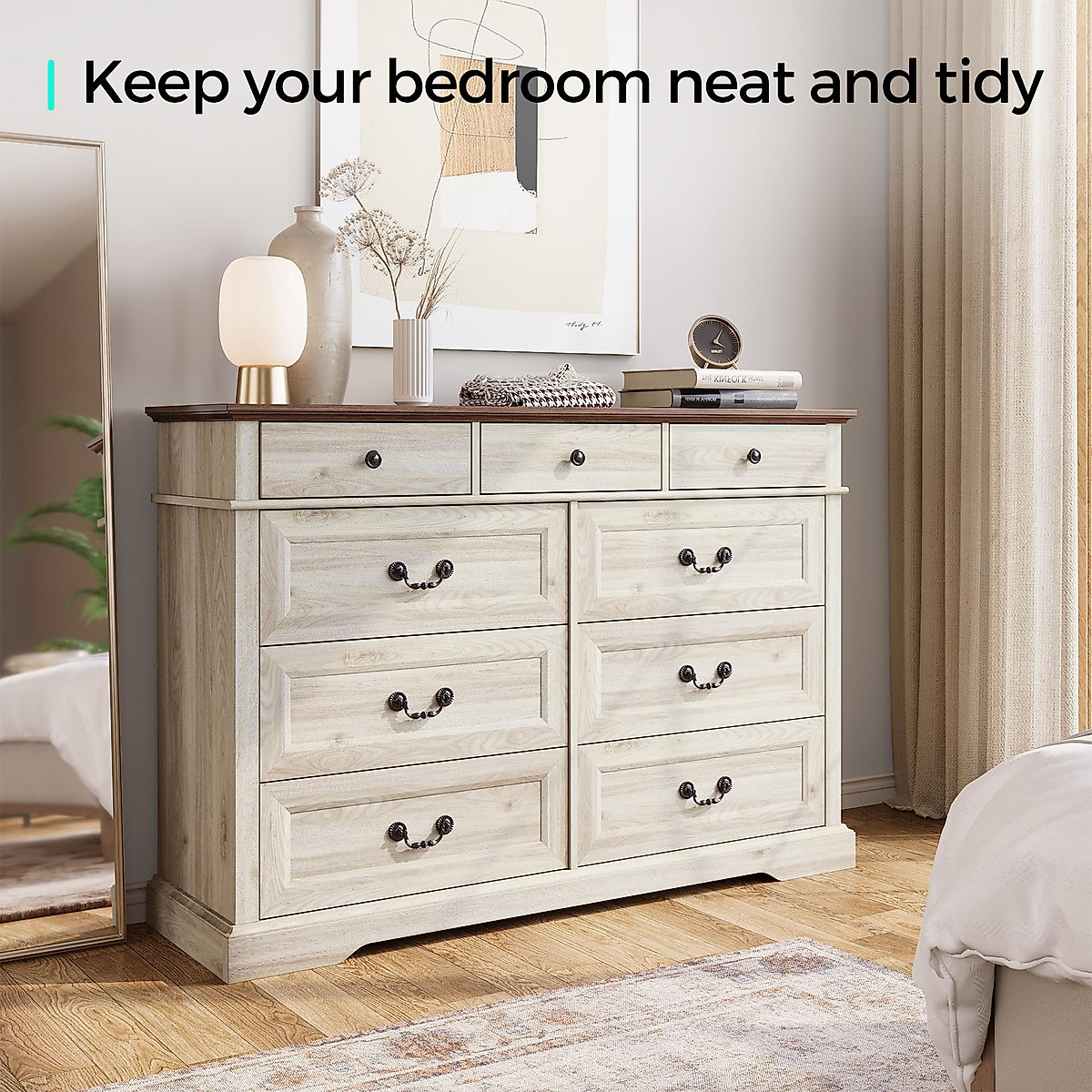 LINSY HOME 9 Drawers Dresser for Bedroom, Wood Bedroom Dresser Farmhouse Drawer Chest, Tall Dresser for Closet, Dressers Organizer for Living Room, Closet, Hallway, Beige