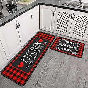 Sianseir Red and Black Buffalo Plaid Kitchen Mat Set of 2, Non Slip Washable Home Decor Kitchen Rugs and Mats for Floor Comfort Standing Mats for Kitchen, Sink, Office, Laundry 17"x47"+17"x30"