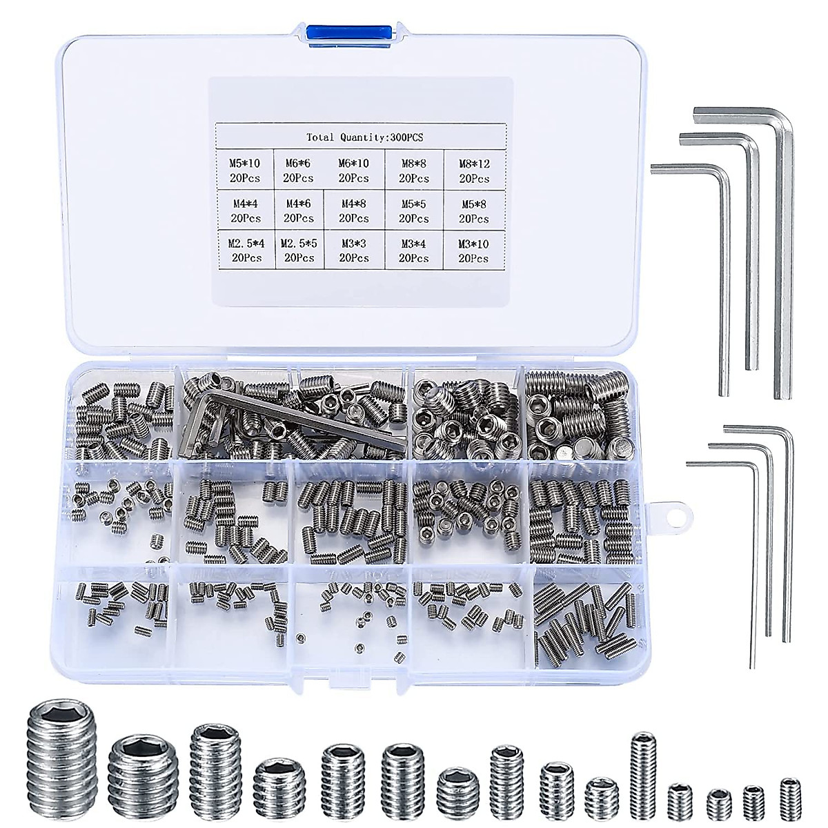 300 Pcs Hex Allen Head Socket Hex Screw Set Assortment Kit, M2.5/M3/M4/M5/M6/M8 Grub Screws, Internal Hex Drive Cup Screws for Door Handles, Faucet, Light Fixture Screws (Silver)