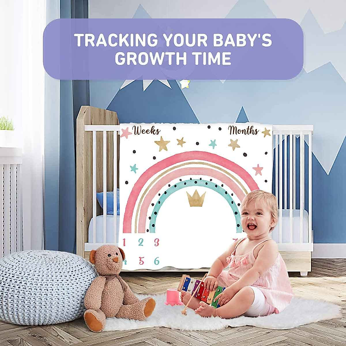 PHMOJEN Colorful Rainbow Baby Monthly Milestone Blanket, Girl Crown Star Pattern, Newborns 1 to 12 Months Unisex Include 4 Frames and 1 Headband 47"x47" BTLSPH634