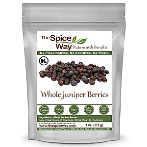 The Spice Way Juniper Berries - Whole berries, pure, no additives, Non-GMO, no preservatives, (4 oz) great for cooking and for spicing tea, syrup, meat, beef, turkey, soups and more. resealable bag