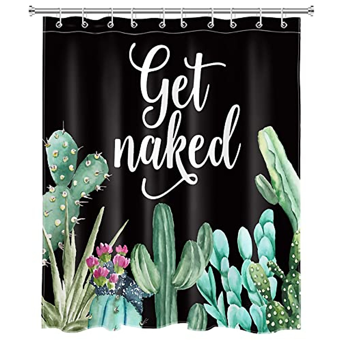LB Sage Green Cactus Plant Shower Curtain Decor,Purple Flower and Succulent Botanical on Black Shower Curtains for Bathroom 60X72 inch Polyester Fabric Bathroom Decoration Bath Curtains Hooks Included
