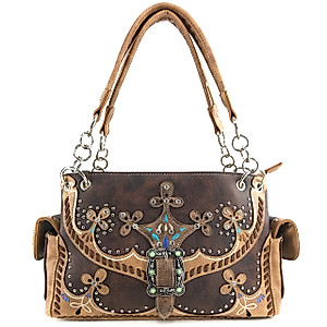 Justin West Spring Floral Buckle Moccasin Native Tribal Concealed Carry Handbag Purse (Brown Handbag Only)