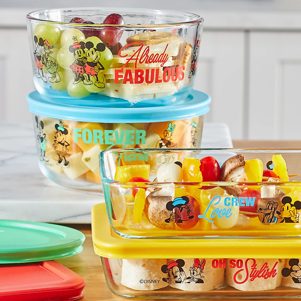 Pyrex 8-Pc Glass Food Storage Container Set, 4-Cup & 3-Cup Decorated Round Meal and Rectangle Prep Containers, Non-Toxic, BPA-Free Lids, Disney Mickey & Friends