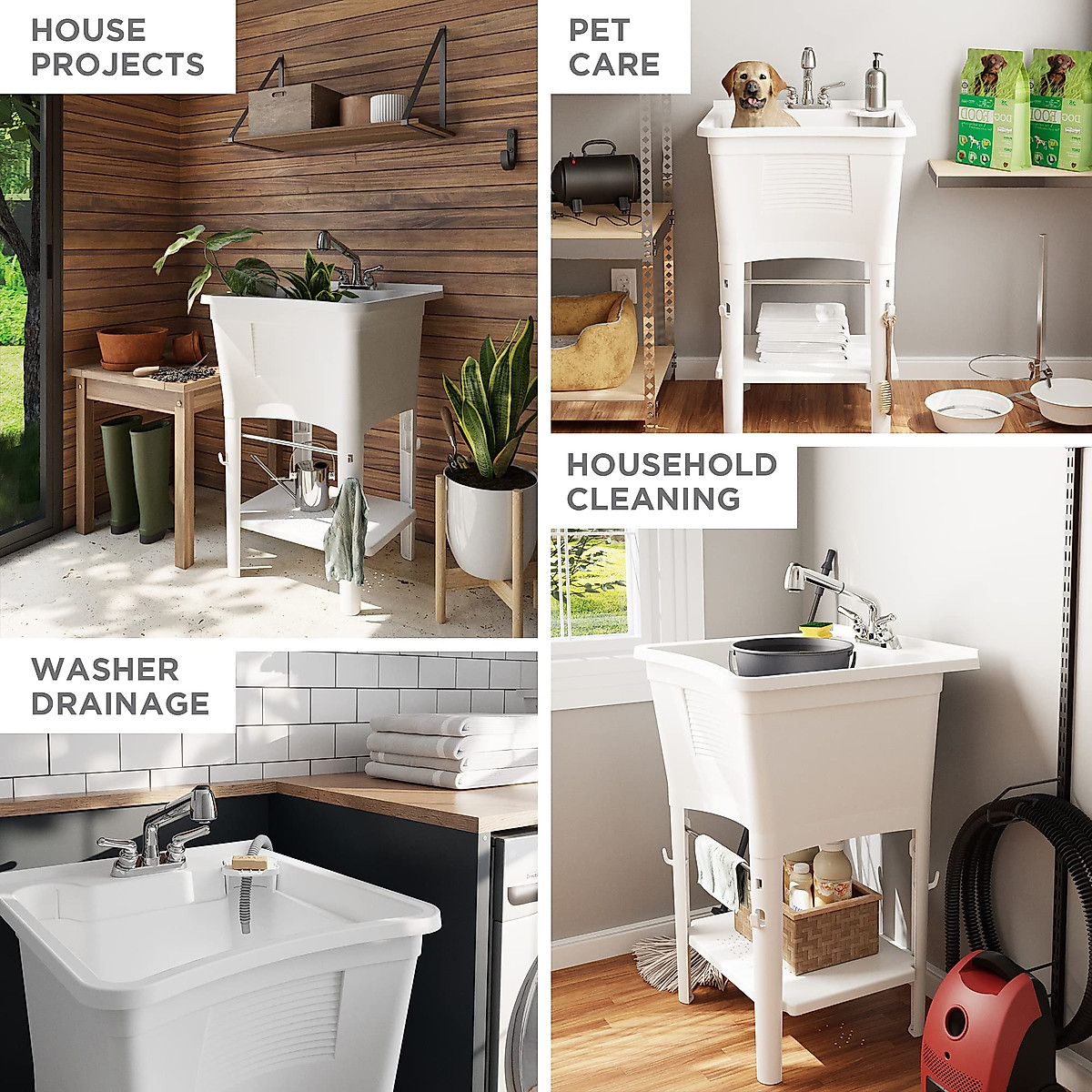 Zenna Home Utility Sink and Wall Cabinet Set: Includes Laundry Tub/Sanitation Station with Faucet, Plus Wall Cabinet (2 Doors, 3 Storage Shelves), for Laundry, Basement, Garage, Bathroom, Kitchen