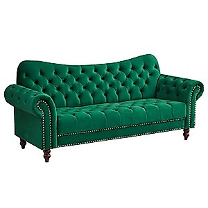 INSTORY Velvet Sofa Traditional Couch Tufted Loveseat with Wooden Legs for Living Room, Office, Bedroom - Green