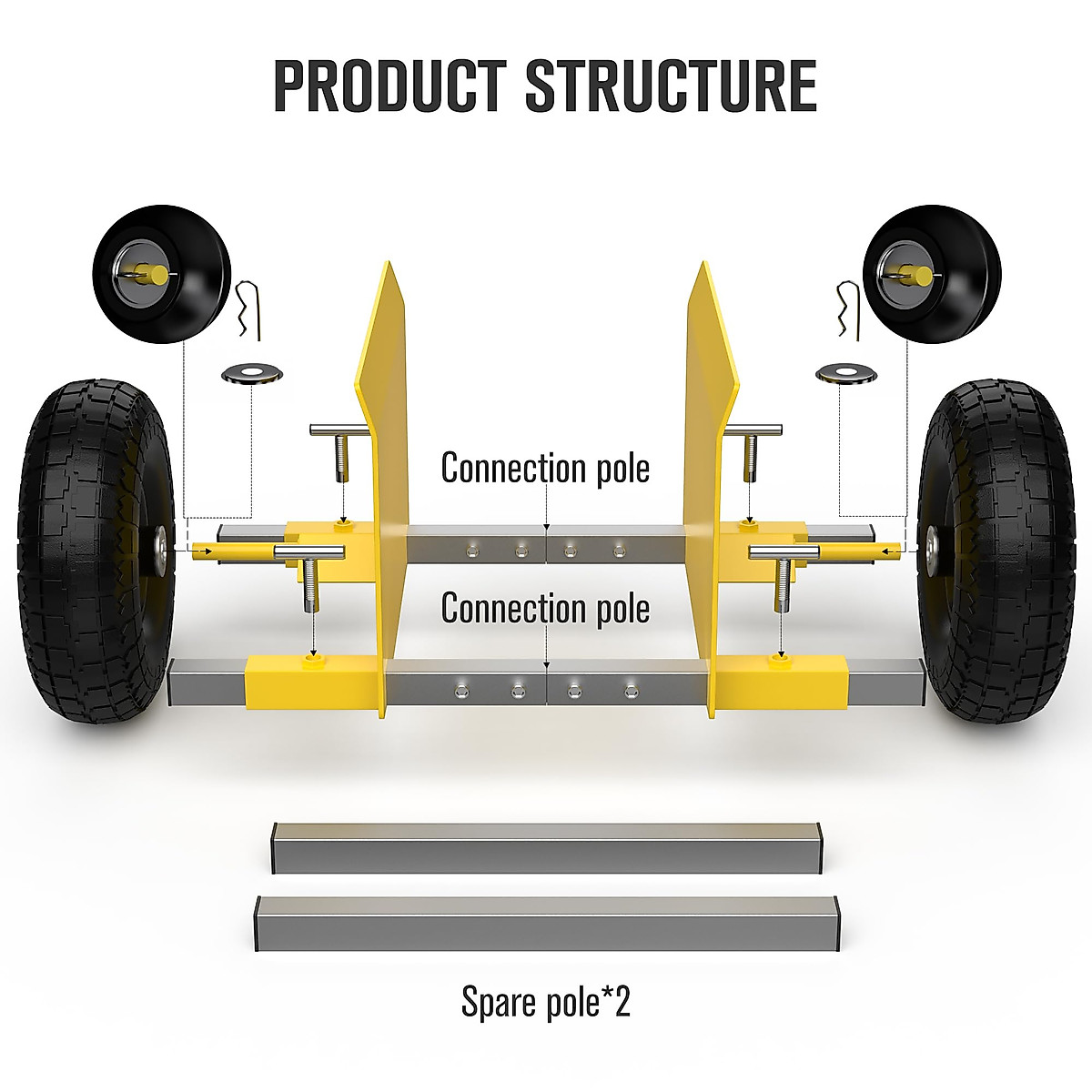 Moving Adjustable Dolly, 2 × 10" Heavy Duty Solid Rubber Tires Wheels 1000LBS Load Capacity for Panel/Slab/Plywood/Door/Granite/Drywall Material Handling and More - Yellow