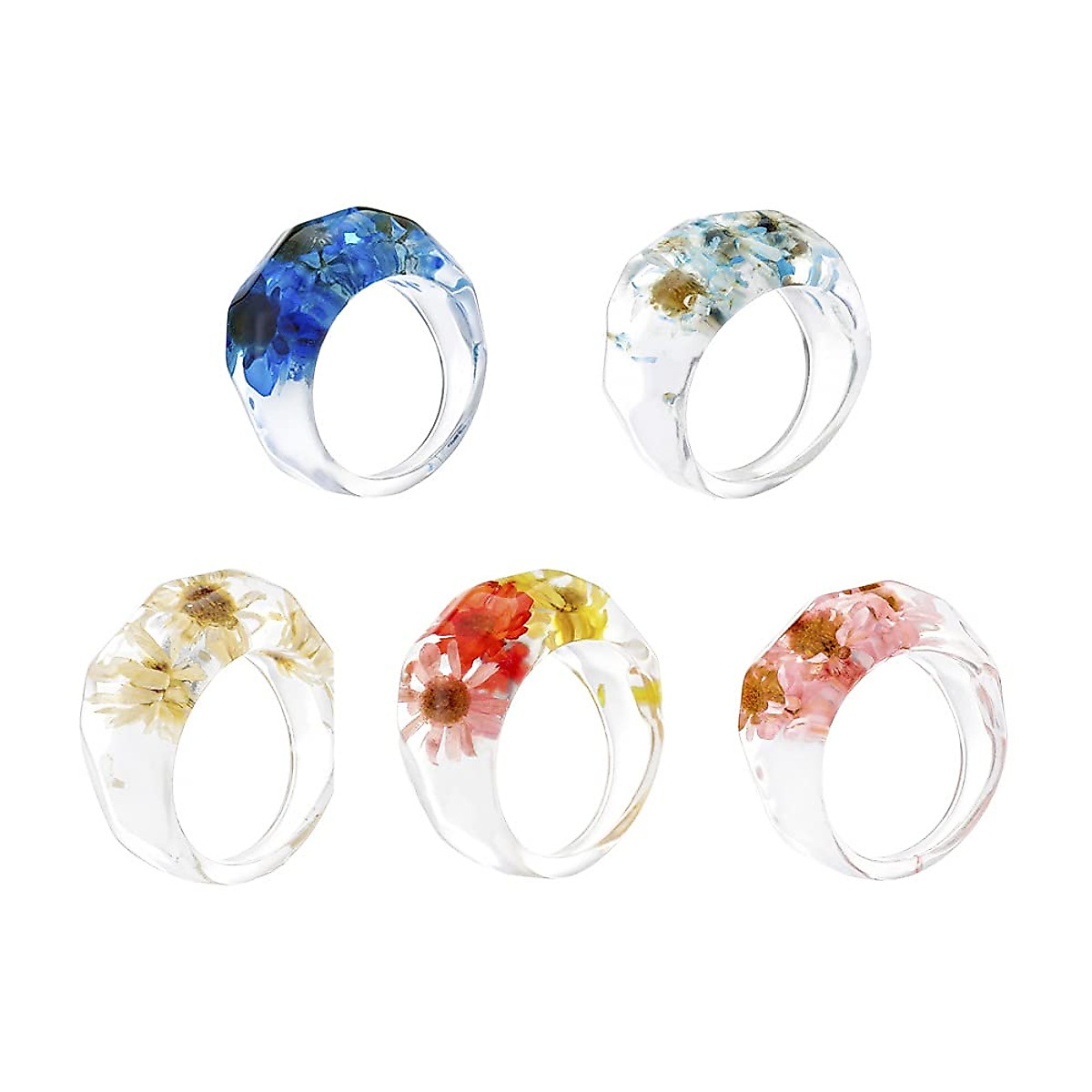 5 Pcs Chunky Resin Rings Set Cute y2k Aesthetic Trendy Band Rings Transparent Resin Dry Flower Rings Stackable Colorful Acrylic Plastic Rings for Women Girls