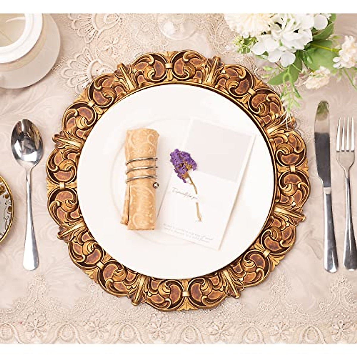 MAONAME 14" Antique Gold Charger Plates with Embossed Rims, Set of 6, Plastic Plate Chargers for Dinner Plates, Table Setting