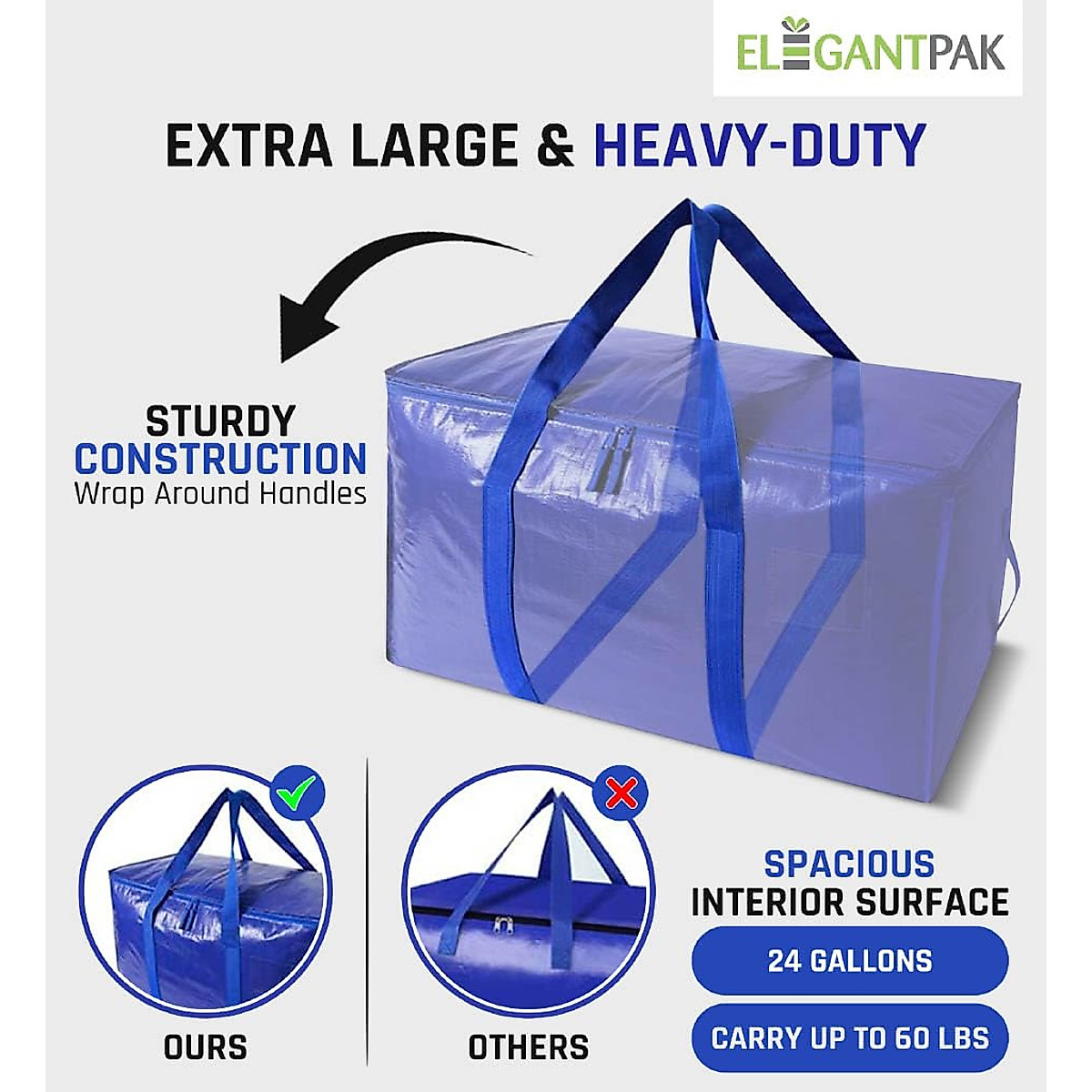 ElegantPak 6 Pack Extra Large Heavy-Duty Moving Bags with Carrying Handles & Zippers, Storage Tote for Space Saving, Folds Flat