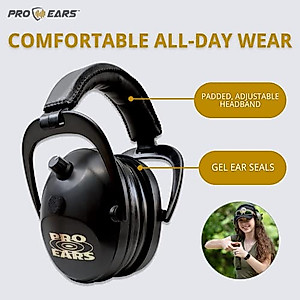 Pro Ears Gold II 26 Ear Muffs, NRR 26, Military Grade Electronic Hearing Protection with DLSC Compression, Gel Ear Seals & Auto Shut Off, Amplifies Sound 8x, Made in USA, Black
