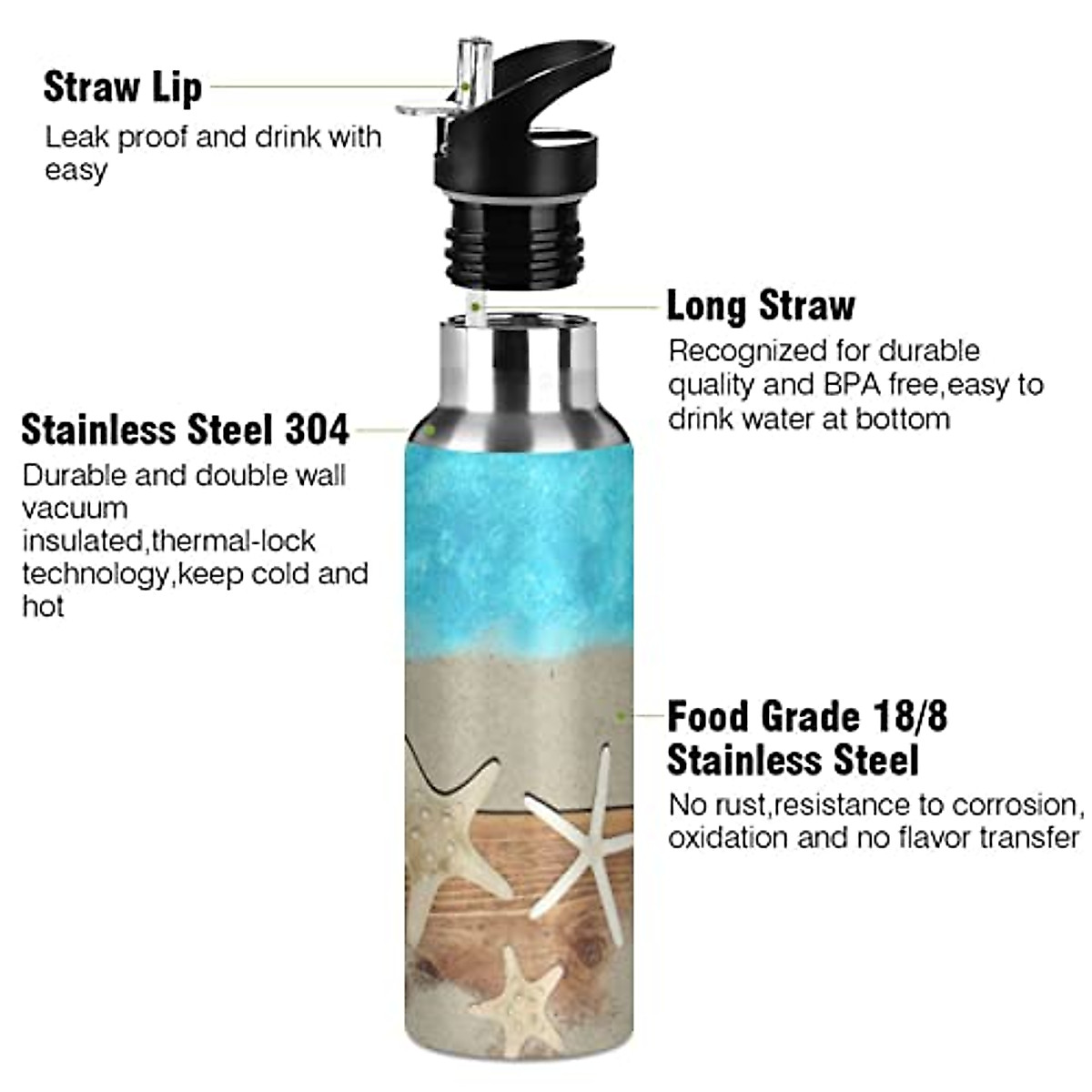 Oarencol Starfish Seashell Water Bottle Blue Sea Beach Stainless Steel Vacuum Insulated Thermos with Straw Lid 20 Oz