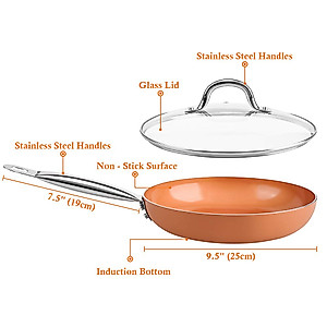 SHINEURI 9.5 inch Copper Fry Pan with Lid, Nonstick Omelet Pans - Perfect for Stir fry, Sauce & Baking, Compatible for Induction, Gas, Electric & Stovetops, Perfect for 2-3 Person Meal