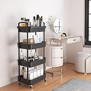 Calmootey 4-Tier Rolling Utility Cart with Drawer,Multifunctional Storage Organizer with Plastic Shelf & Metal Wheel,Storage Cart for Kitchen,Bathroom,Living Room,Office,Black