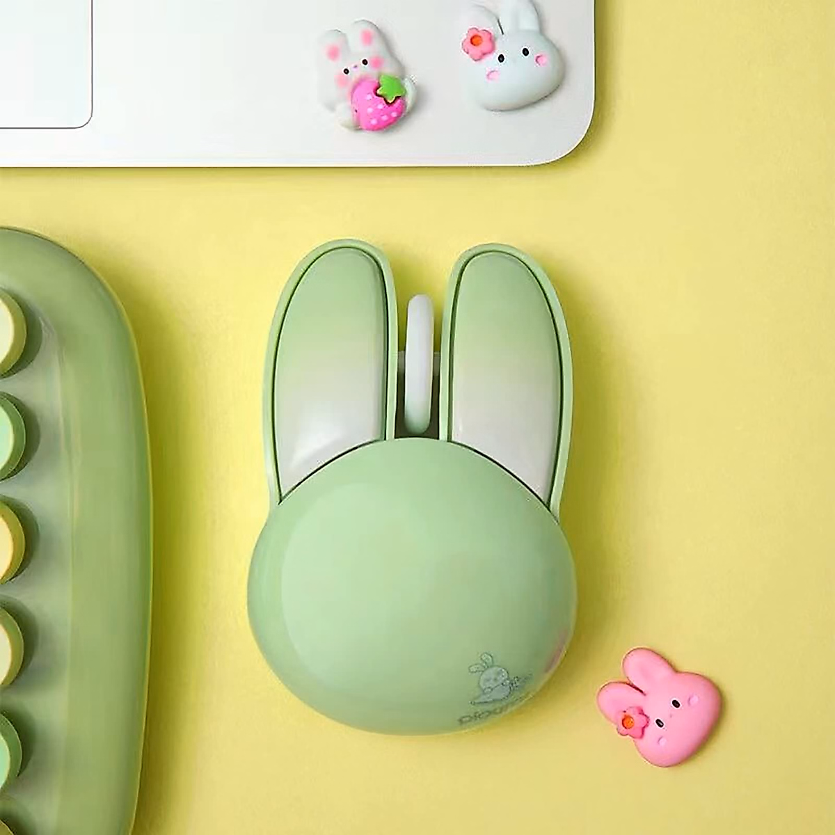 Lomiluskr Cute Bunny Wireless Mouse, Lightweight Soundless Mouse, 2.4G Wireless Mice, Candy Colors, Kawaii Rabbit Mouse for Girls and Kids (Green Bunny)