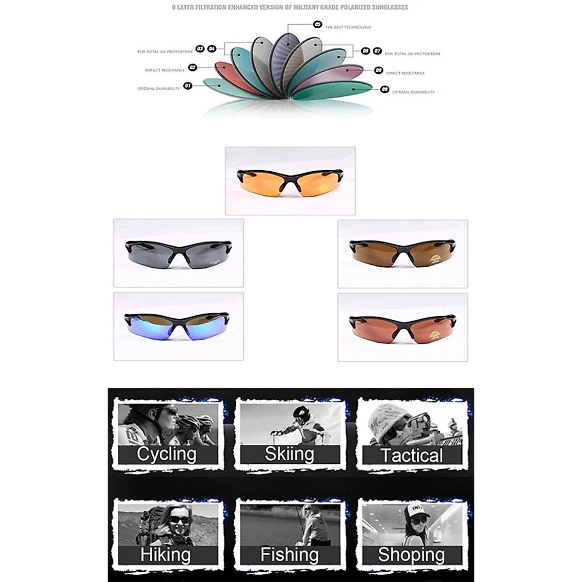 Rungear Polarized Sports Sunglasses with 5 Interchangeable Lenses, Tr90 Unbreakable glasses for Men Women Cycling Driving Running MTB Racing Ski Goggles (Black)