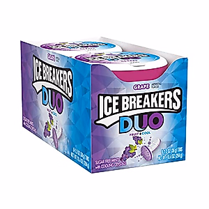 ICE BREAKERS DUO Grape Flavored Fruity and Cooling, Sugar Free Sugar Free Breath Mints Tins, 1.3 oz (8 Count)