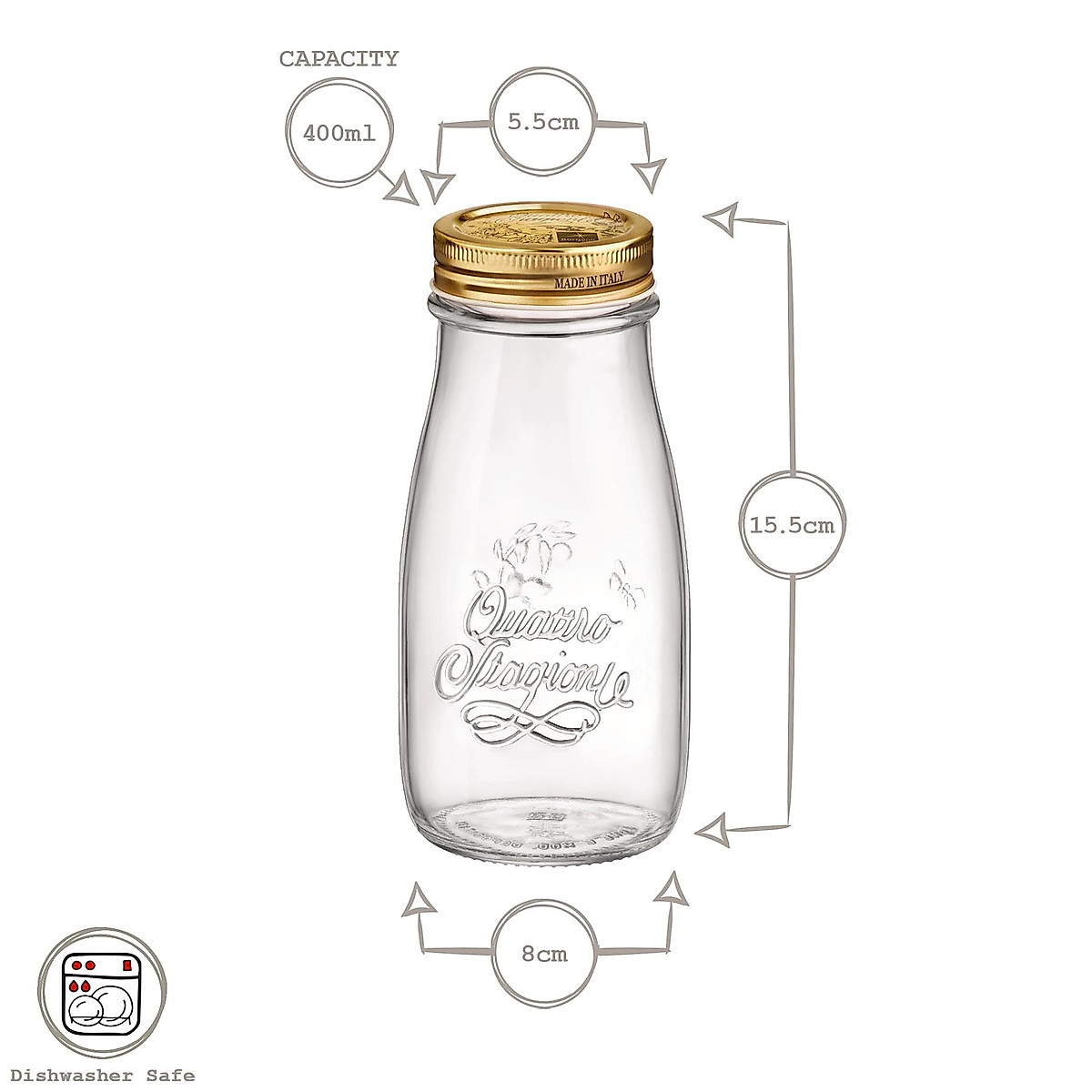 Bormioli Rocco Quattro Stagioni, Glass Canning Jar and Drinking Bottle, 13.5 Oz. with Gold Metal Airtight Lid, Made in Italy.