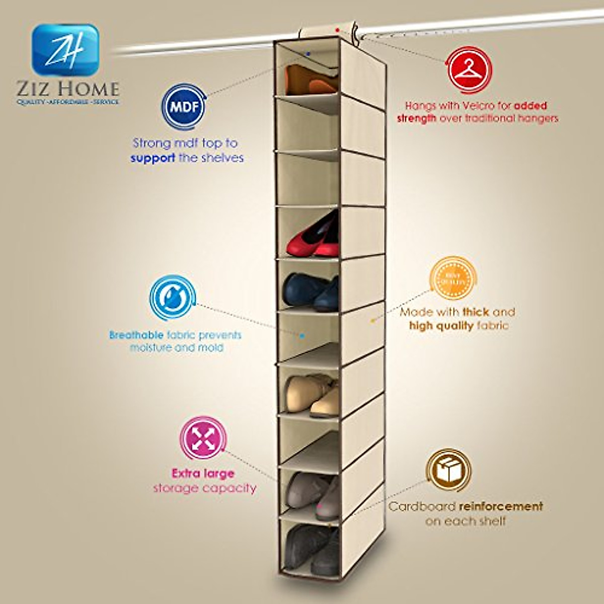 Ziz Home Hanging Shoe Organizer for Closet, 10 Shelf, Tough Fabric 12”x6”x47” | Closet Shoe Organizer Hanging | Shoe Storage Hanging Shoe Holder | Shoes Sorter Shelves Rack Hanger (Beige)