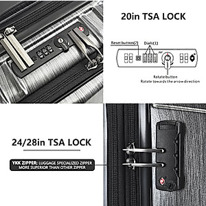 TydeCkare Luggage Set 3 Piece 20/24/28, 20" carry on with Front Pocket & 24/28" with Expandable, ABS+PC Suitcase with 4 Silent Wheels, TSA, YKK, Silver Grey