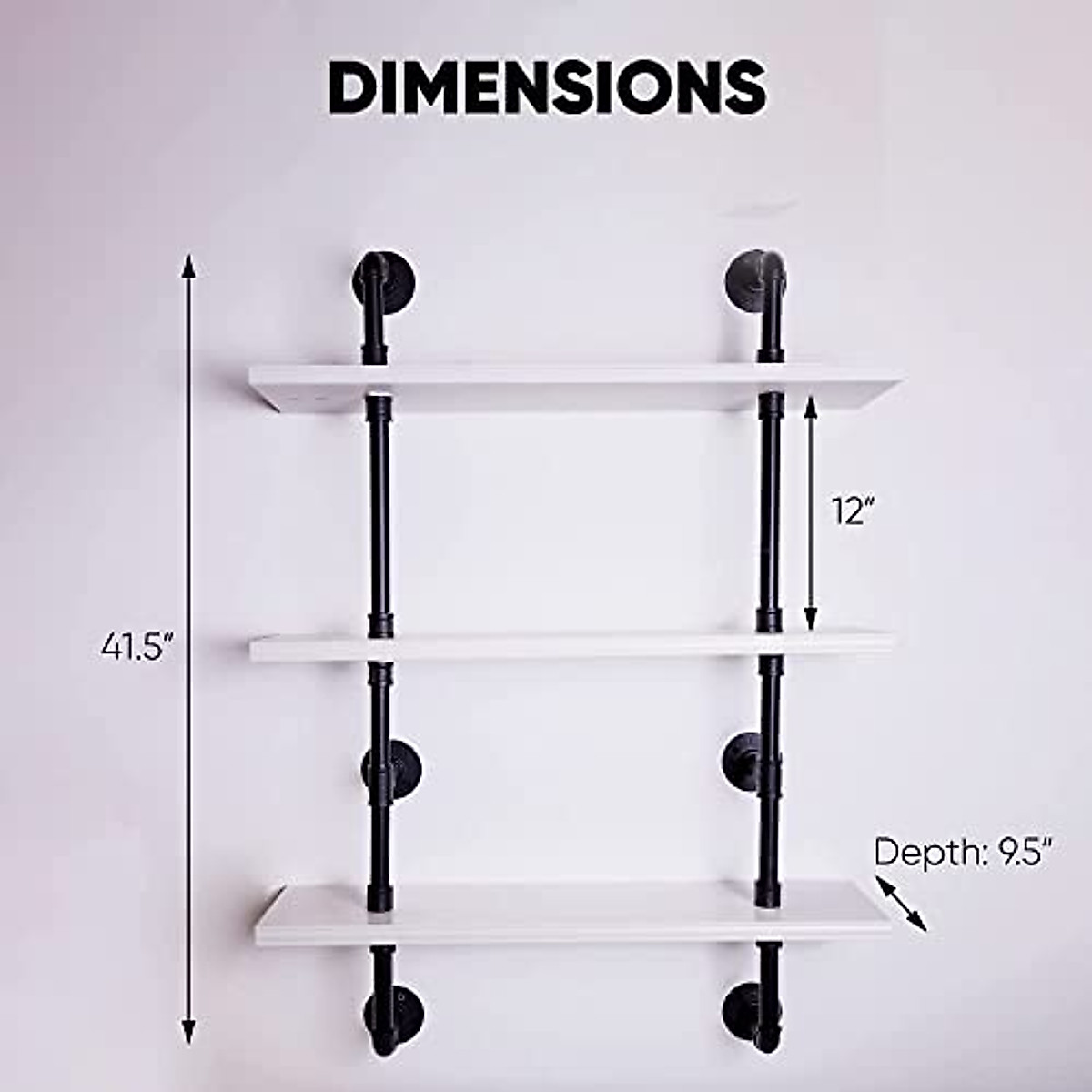 Industrial Floating Pipe Shelves - Wall Mounted Hanging Bathroom Wall Shelf - 41.5” x 12” x 9.5” Rustic Metal Shelf for kitchen - 3 Tiers Farmhouse Shelves (Planks are not Included)