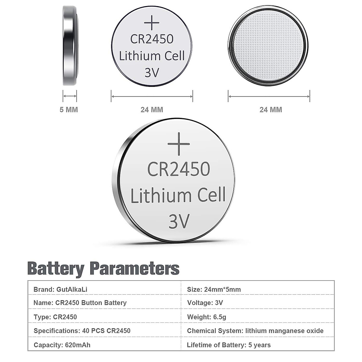 GutAlkaLi CR2450 3V Lithium Batteries - 40 Pack of High-Performance, Long-Lasting Coin Cell Batteries