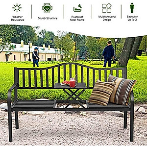 HAPPYGRILL Outdoor Garden Bench Metal Patio Loveseat Benches with Pullout Table for Yard Lawn Porch