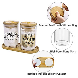 2 Pack Glass Qtip Holder Bathroom Set with Vanity Tray,Apothecary Jars with Bamboo Lids,Bathroom Cotton Ball and Qtip Organizer Storage Container Glass Jar Set