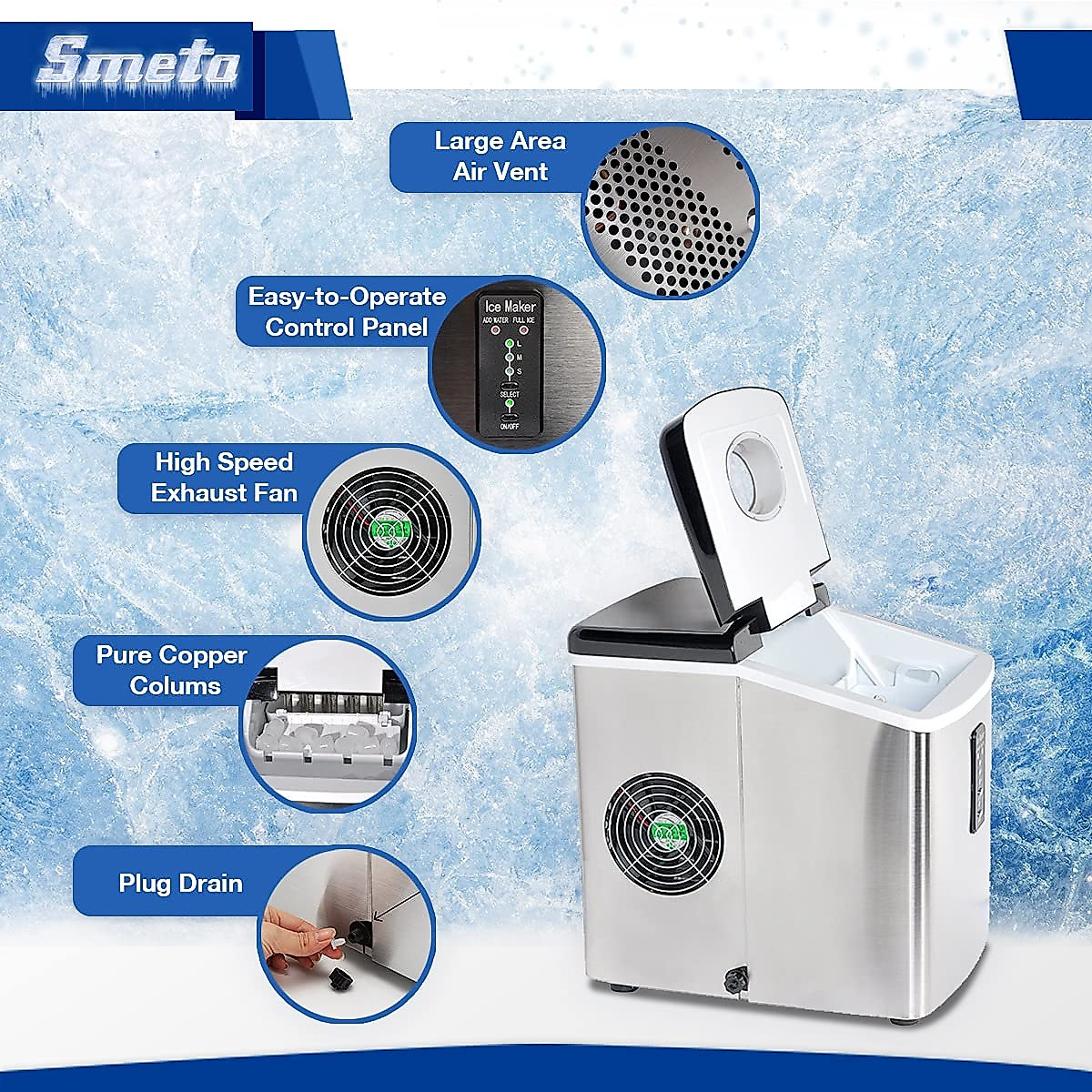 Ice Maker Machine Countertop Stainless Steel |Compact Ice Maker, ‎3 Size Bullet Ice Ready in 8 Mins, 30Lbs/24H, Portable Ice Cube Maker with Scoop Basket, for Home/Kitchen/Office/Bar