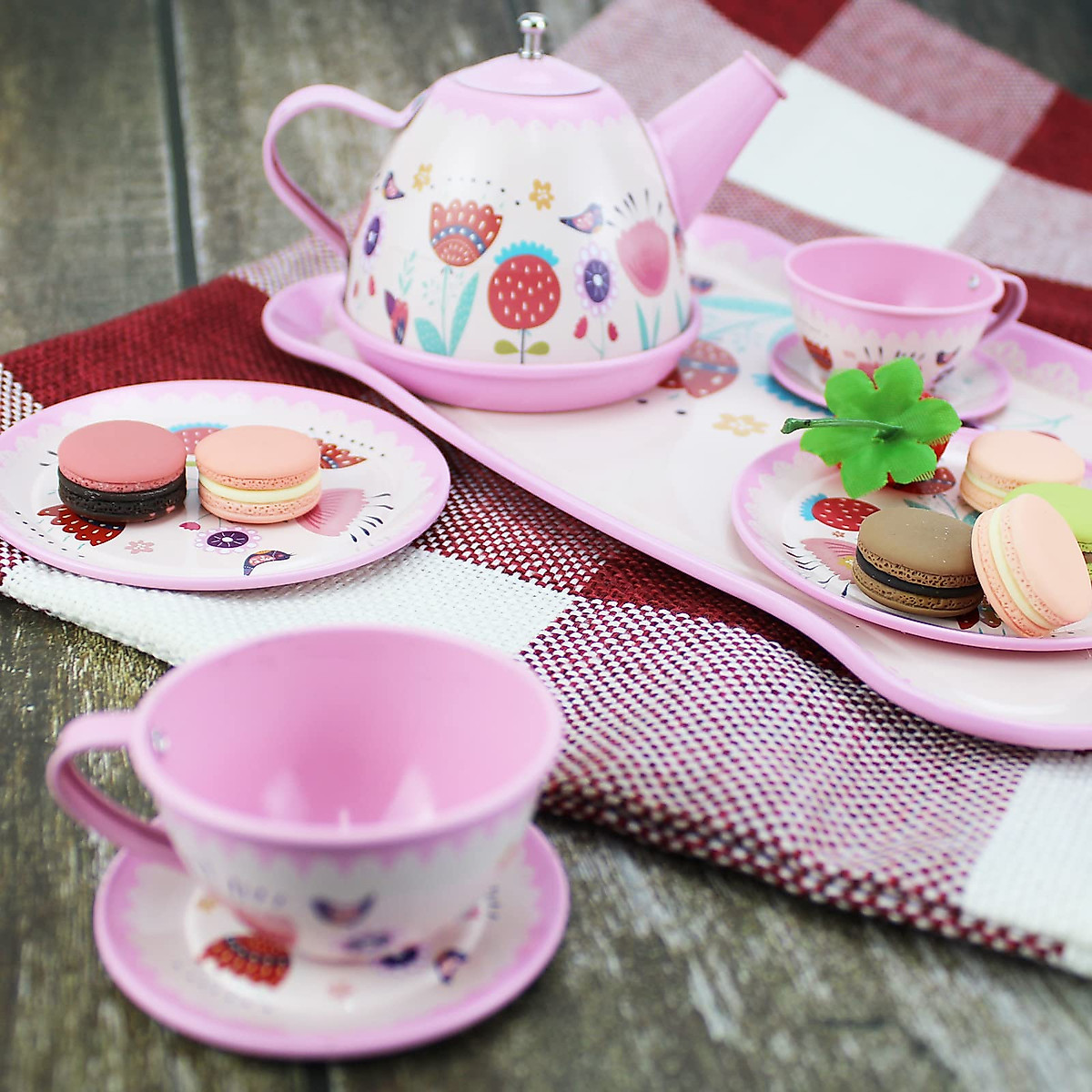 Pink Tea Set for Little Girls,Flower Design Kids Tea Party Set,Princess Tea Time Toys Teapot Dishes Kitchen Pretend Play Tin Tea Party Set for Girls