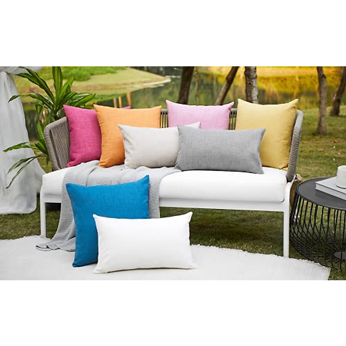 WAYIMPRESS Outdoor Pillow Covers for Patio Furniture Waterproof Pillow Covers Square Garden Cushion Farmhouse Linen Throw Pillow Covers Shell for Patio Tent Couch (18×18 Inch, Rose Red)
