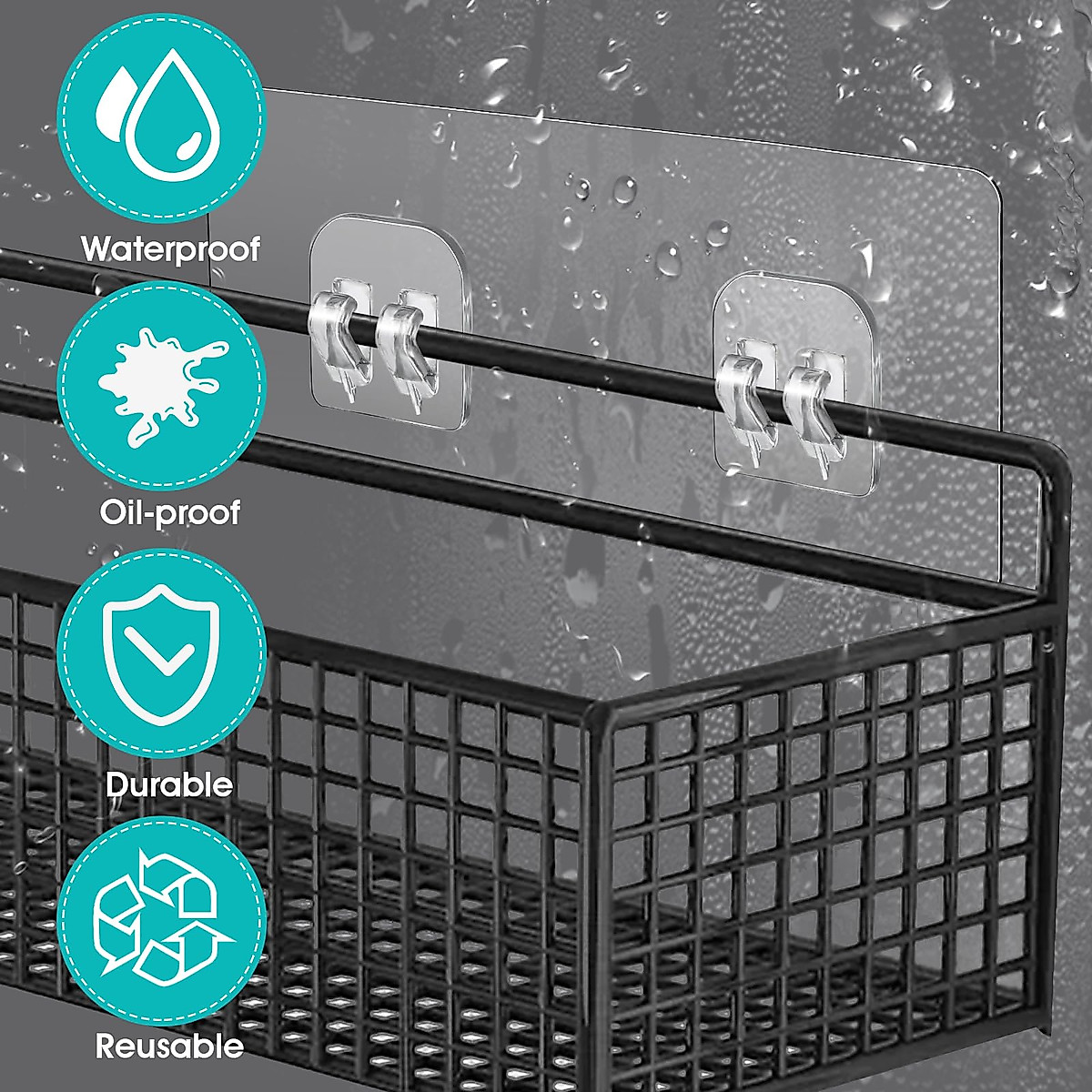 COMNICO 4 Pack Shower Caddy Adhesive Hooks Replacement, Strong Self-Adhesive Sticker No Drilling Waterproof Hanging Hooks for Bathroom Storage Shelves Kitchen Racks (Double Hook,Transparent)