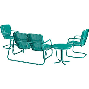 Crosley Furniture Ridgeland 4-Piece Retro Metal Outdoor Loveseat Glider Patio Furniture Set for Porch, Deck, Turquoise Gloss