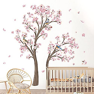 decalmile Large Cherry Blossom Tree Wall Decals Pink Flower Tree Branch Wall Stickers Living Room Bedroom Baby Nursery Wall Decor (Tree H: 67 Inch)