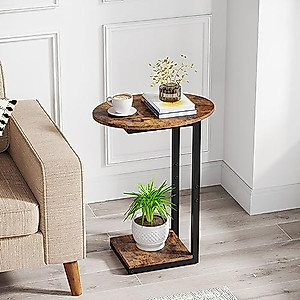 Small Side Table C Table End Table - Small Wood Coffee Table TV Tray for Eating Couch Tables That Slide Under, Modern C Shaped Side Table for Small Space, Oval Table Top Design, Rustic Brown