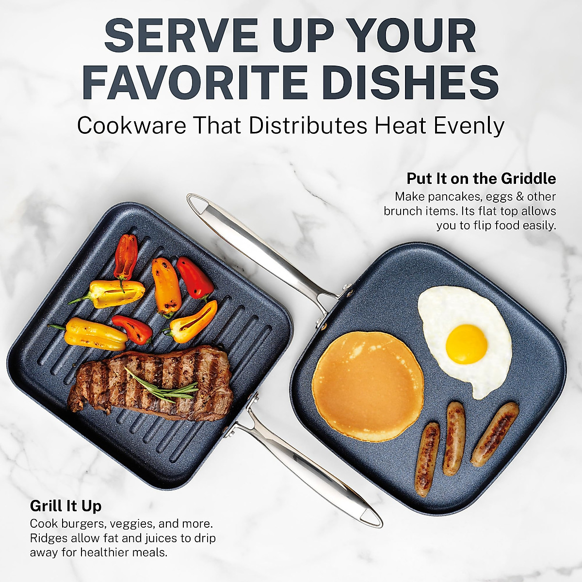 Granitestone 2 Pack Nonstick 10.5” Grill Pan + Flat Griddle Pan for Stove Top with 3x Coated Surface Perfect for Eggs Pancakes Steaks and More, Stove Top Griddle for Gas Grill, Oven Safe, PFOA Free