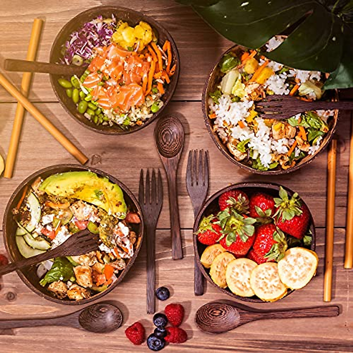 NaturalX Premium Coconut Bowls with Spoons (Set of 4) | Made from 100% Coconut Shell | Organic, Handmade, Vegan, Natural, Bamboo, Wooden, Eco Friendly, Reusable Bowl for Breakfast, Serving, Party