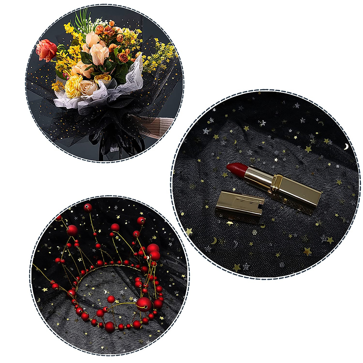 Honbay 5.5x1.7Yards Glitter Star Moon Sequin Tulle Net Yarn for Background Decoration or DIY Crafts Making (White) (Black)