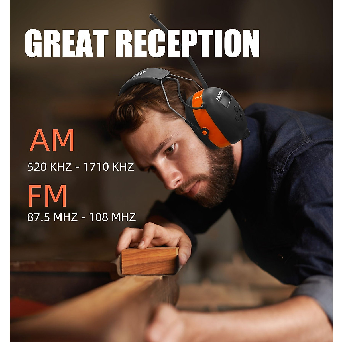 Hocazor HP033 Bluetooth 5.3 Hearing Protection AM FM Radio Headphones, 25dB NRR Noise Reduction Safety Earmuffs with 2000mAh Rechargeable Battery for Mowing Workshops, Orange