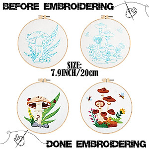 5 Sets Embroidery Starter Kit with Patterns and Instructions Mushroom Cross Stitch Set for Beginners DIY Adult Kids Beginner Cross Stitch Set with Mushroom Pattern Embroidery Hoops Needles Threads