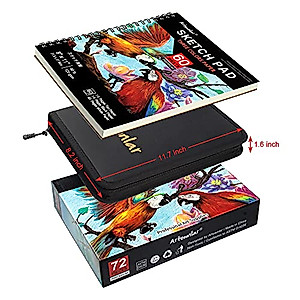 Artownlar 72 Pack Drawing Sketching Set with 8x11 Sketchbook | Pro Art Supplies Kit for Artist Adults Teens Beginners | Video Tutorial,Charcoal, Watercolor & Metallic Colored Pencils in Gift Case