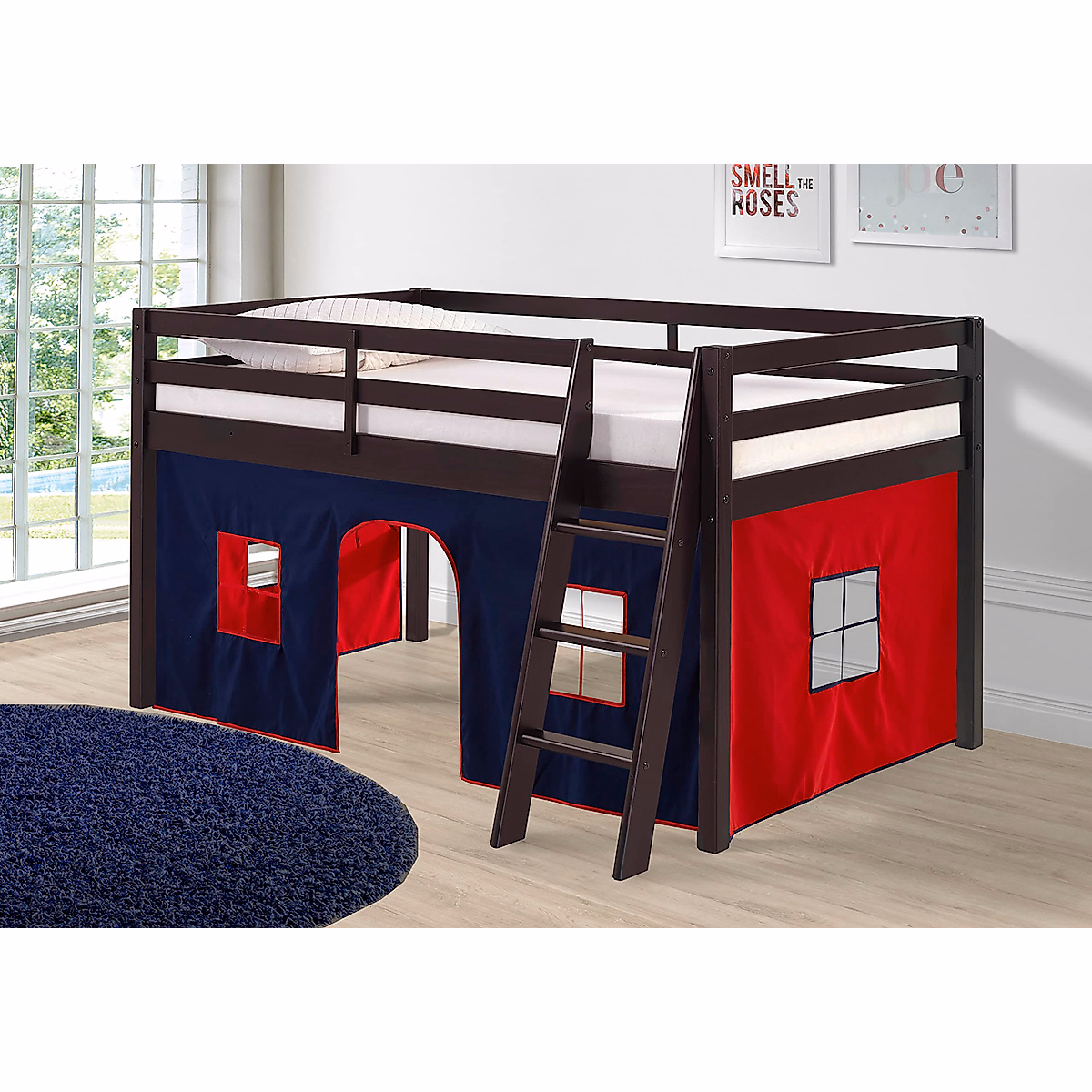 Roxy Pine Twin Junior Loft Bed, Espresso with Blue & Red Tent, Solid Wood Frame, Safety Guardrails, Flexible Ladder Position, Ventilated Playhouse Underneath, Fits Twin Mattress