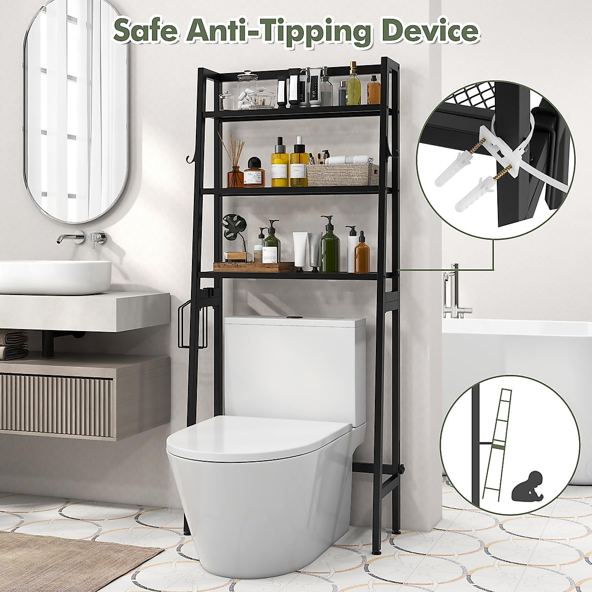 Giantex Over The Toilet Storage Shelf - 3-Tier Freestanding Above Toilet Rack with Adjustable Bottom Bar, Paper Holder, 2 Side Hooks, Metal Bathroom Organizer Shelf, Space Saving Toilet Shelf (Black)