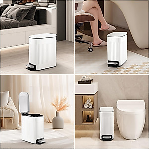 Cesun Bathroom Trash Can with Lid, 1.6 Gallon Small Metal Garbage Can with Foot Pedal, Slim Waste Basket for Bathroom, Office, Bedroom, Laundry, White