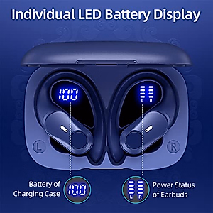 GOLREX Bluetooth Headphones Wireless Earbuds 36Hrs Playtime Wireless Charging Case Digital LED Display Over-Ear Earphones with Earhook Waterproof Headset with Mic for Sport Running Workout Blue