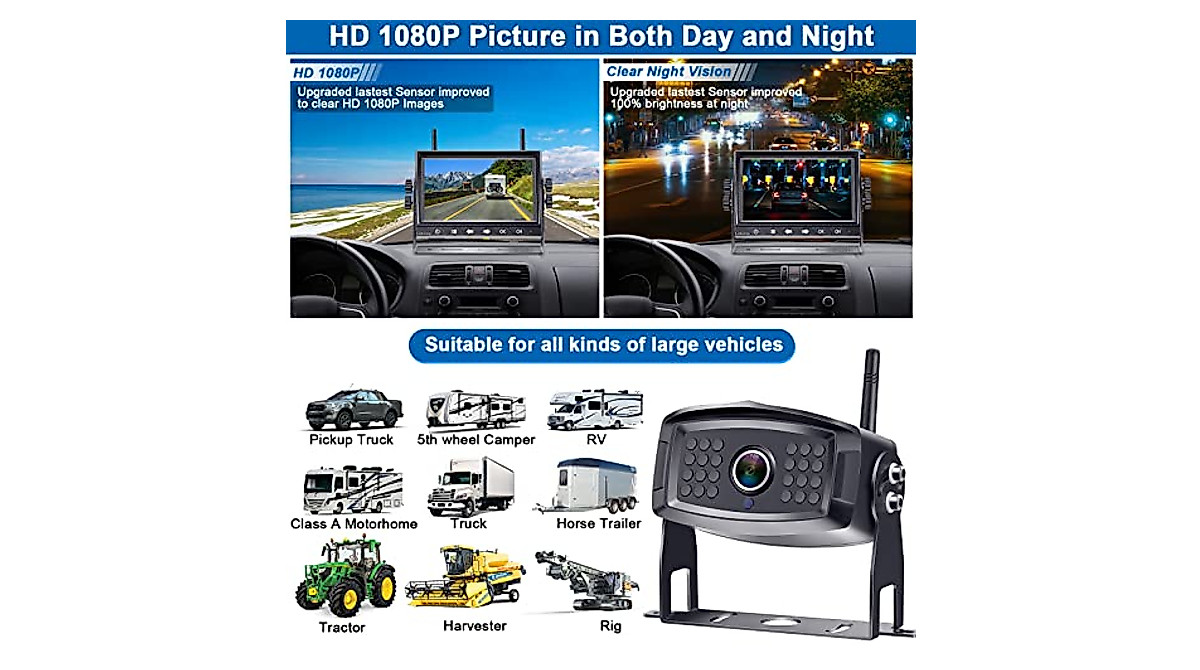 LeeKooLuu RV Backup Camera Wireless Waterproof 7'' LCD Split Screen DVR ...