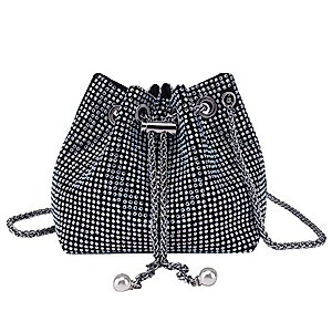 Anopo Full Rhinestones Bucket Clutch Purse Pearl Handbag Bridal Lady Sparkly Bling Evening Crossbody Bag Wedding Party Prom Silver