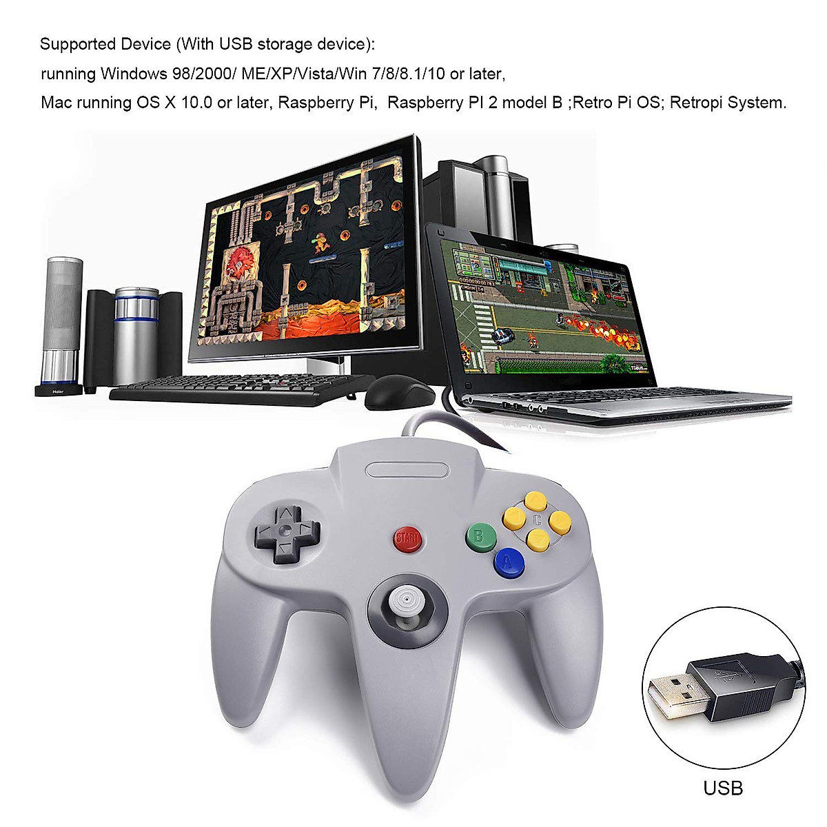 2 Pack USB Wired N64 Controller, suily Classic N64 PC Gamepad Joystick Controller for Windows PC MAC Linux Raspberry Pi 3 (Black/Gray)